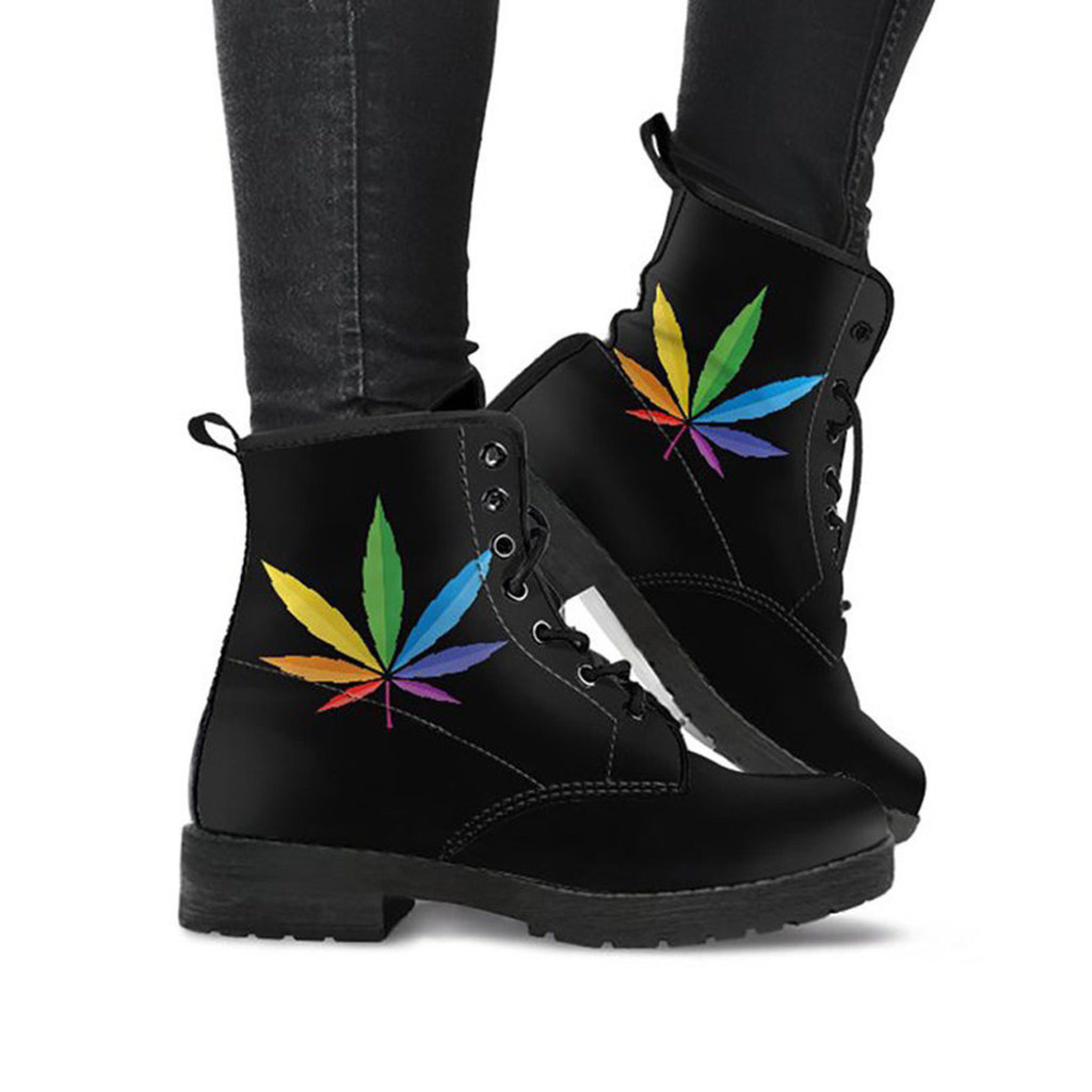 Rainbow Weed Leaf Boots | Vegan Leather Lace Up Printed Boots For Women