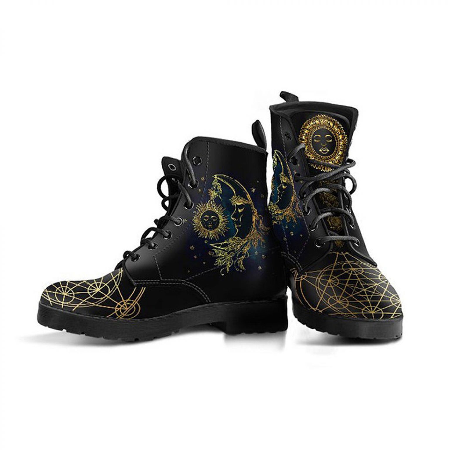 Gold Sun & Moon Boots | Vegan Leather Lace Up Printed Boots For Women